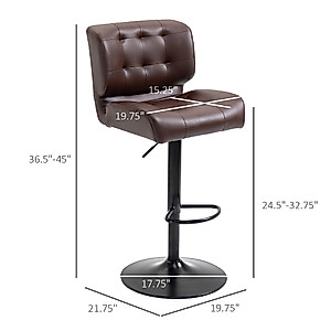 HOMCOM Bar Height Bar Stools Set of 2 with Adjustable Seat, Thick Padded Cushion and Metal Footrest for Home Bar, Brown