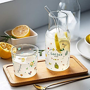 Sizikato 16 Oz Clear Glass Bedside Night Water Carafe with Tumbler Glass, Garden Flower and Bird Pattern.