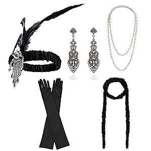 DRESHOW 1920s Great Gatsby Accessories for Women Flapper Headpiece Headband Gloves Costume Harlem Nights Accessories Set