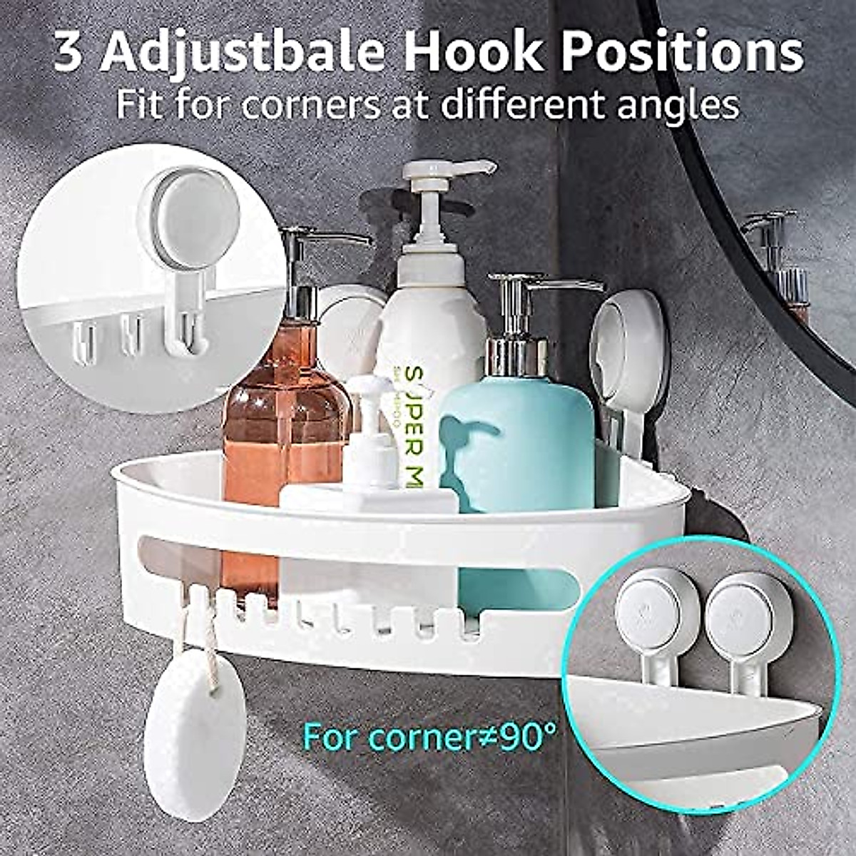 LEVERLOC Corner Shower Caddy Suction Cup NO-Drilling Shower Caddy & Soap Holder & Toothbrush Holder Heavy Duty Max Hold 22lbs Caddy Organizer Waterproof & Oilproof Shower Corner Rack