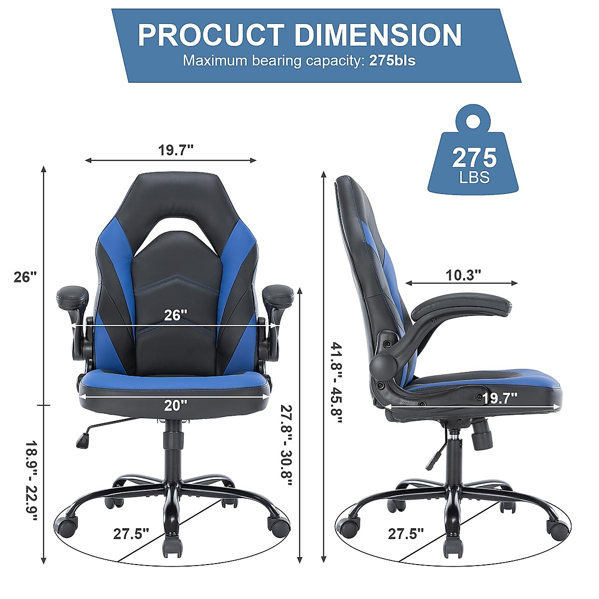 NEWBULIG Ergonomic Computer Gaming Chair with Adjustable High Backrest,Flip-up Armrests and Lumbar Support,PU Leather, Blue