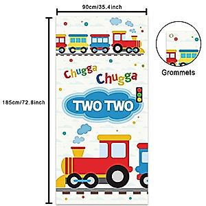 Steam Train Chugga Chugga Two Banner Backdrop Flag Favors Supplies Railroad Railway Crossing Vehicle Transportation Rhyming Story Theme Decor for 2 Year Old 2nd Birthday Party Baby Shower Decorations