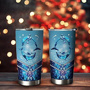 20oz Blue Jewelry Dolphin Tumbler, Gifts for Dolphin Lovers, Sea Ocean Gifts, Coffee Thermos for Women, Stainless Steel Double Wall Vacuum Insulated Coffee Mug, Travel Cup with Lid