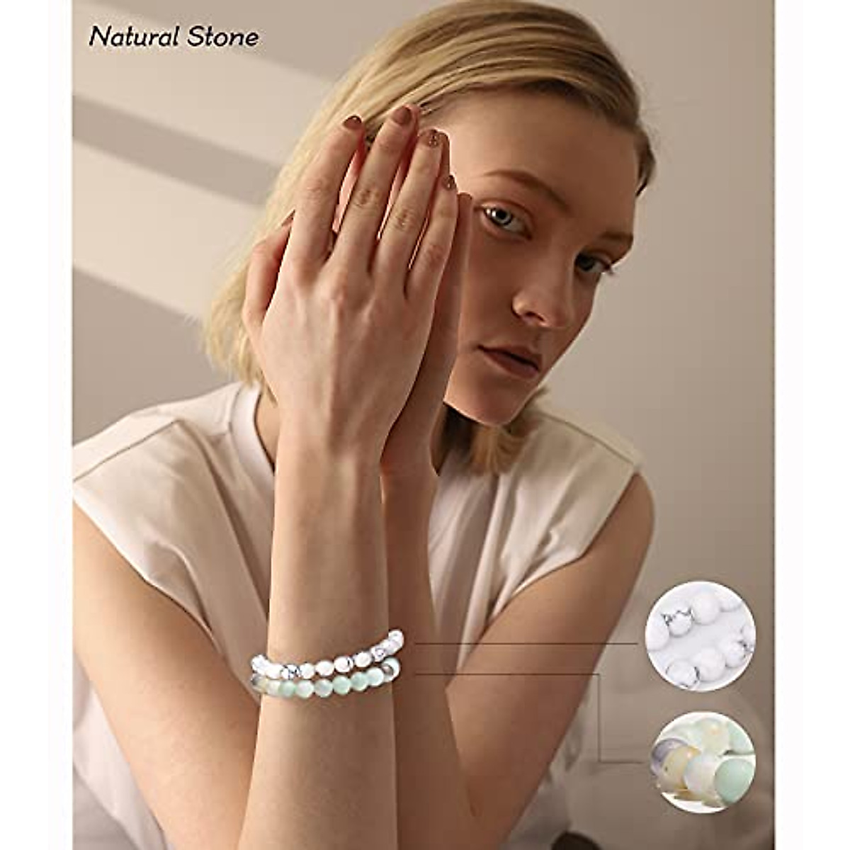 JEWPARK 10PCS 8mm Semi-Precious Gemstone Bracelet Set Healing Crystal Stone Stretch Bracelets for Men Women Round Beaded Elastic Bracelets