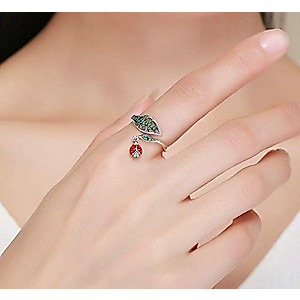 Helen de Lete Ladybug on Tree Leaf S925 Sterling Silver Adjustable Ring
