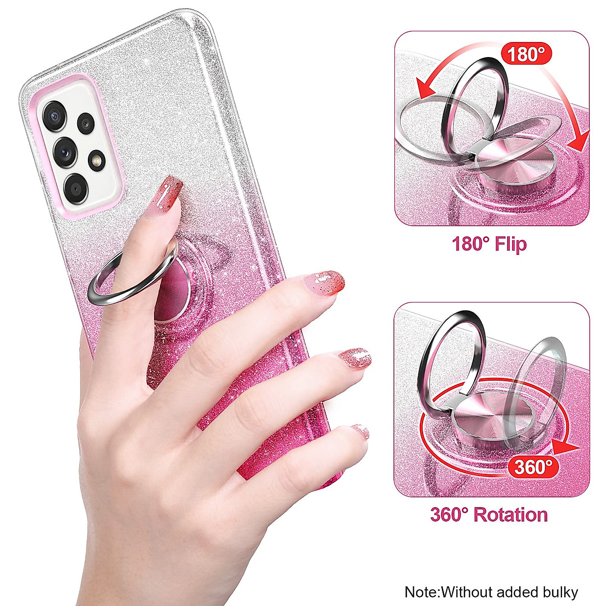 PeeTep Galaxy A52 5G Case for Girls Women, Slim Fit Glitter Sparkly Case with 360°Ring Holder Kickstand Magnetic Car Mount Shock-Absorbent Protective Sturdy Cover,Pink