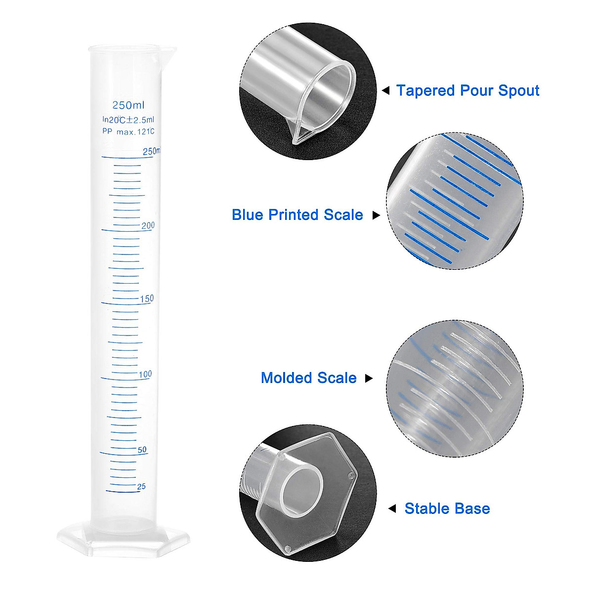 uxcell Plastic Graduated Cylinder, 50ml 100ml 250ml Measuring Cylinder, Double-Sided Metric Marking, Clear Hex Base, 3 in 1 Set