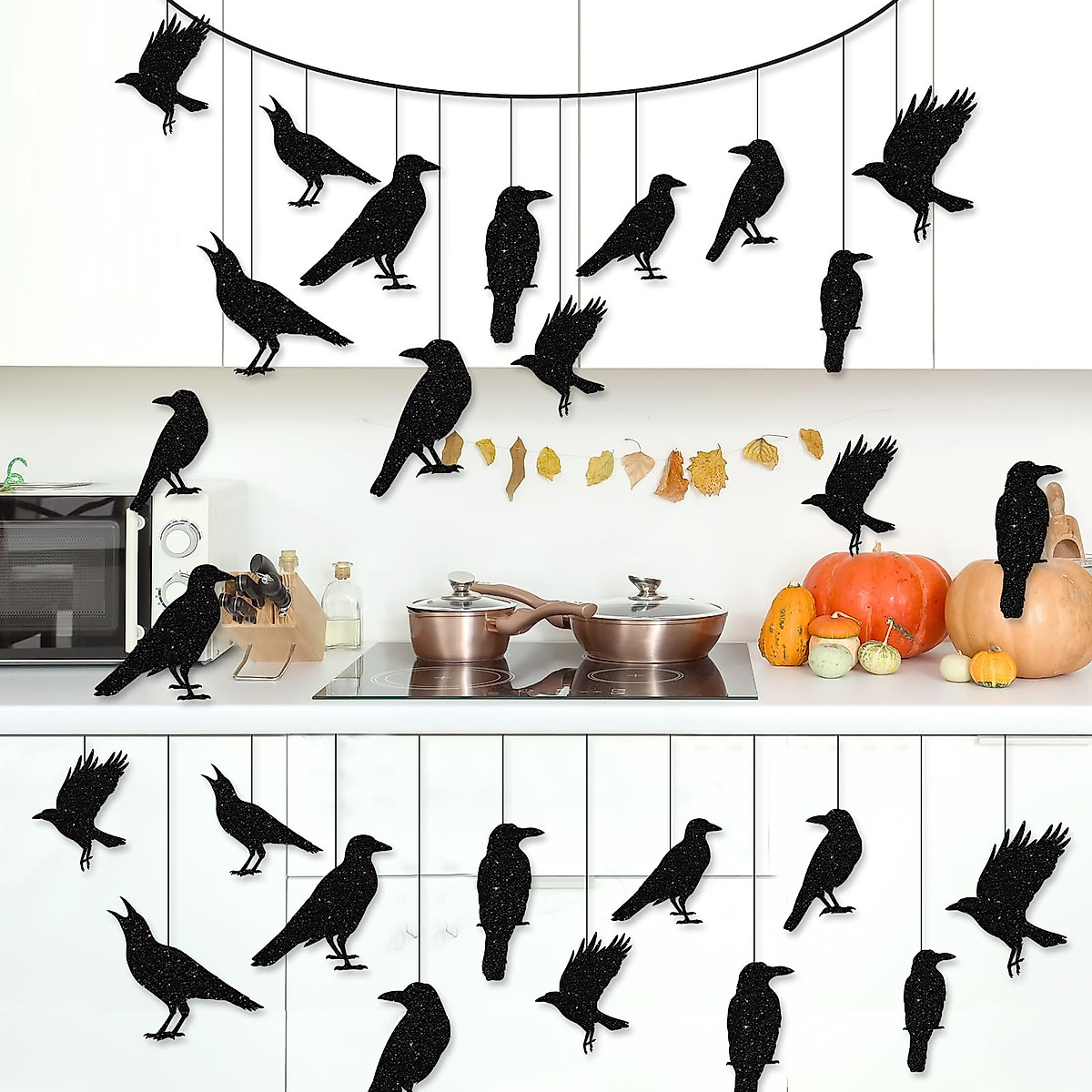 40pcs Glitter Black Crow Halloween Decorations Bird Raven Hanging Banners for Gothic Halloween Garland Backdrop Centerpiece Halloween Wall Cutouts for Horror Theme Birthday Wedding Yard Party Supplies