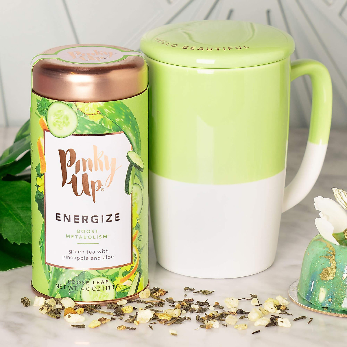 Pinky Up Energize Loose Leaf Wellness Tea, Green Tea Blend, Naturally Low Calorie & Gluten Free, Caffeinated 3.0 Ounce Tin, 25 Servings
