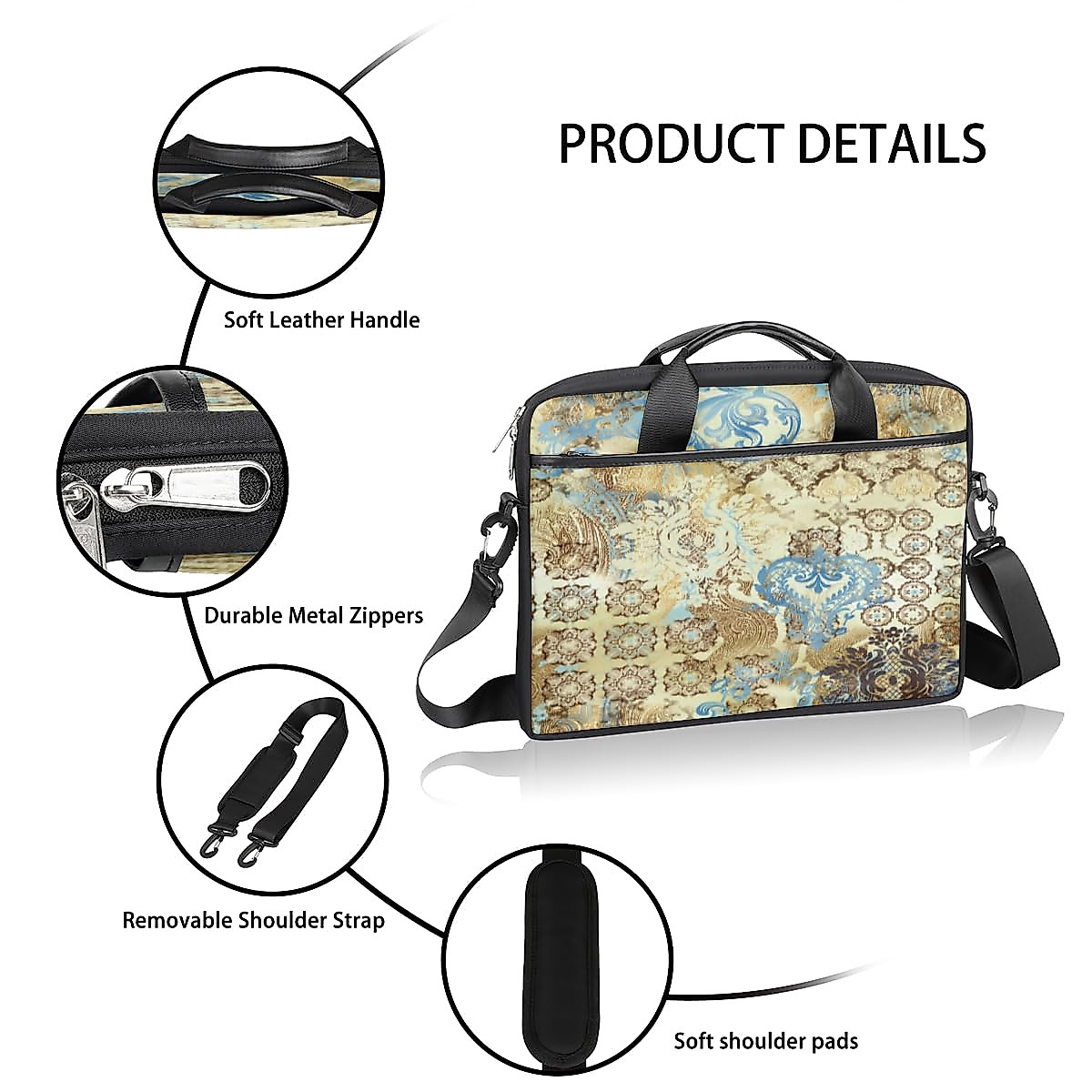 Floral Palace Motifs Laptop Computer Bag Waterproof Shoulder Messenger Bag 13-15 inch Durable Laptop Tote Bag with Shoulder Strap Handle Lightweight Crossbody Briefcase
