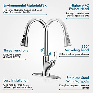 Pull Down Kitchen Sink Faucet, Single Handle High Arc Pull Out Kitchen Faucet with Sprayer, Commercial Modern rv Gooseneck Sink Faucet, Grifos De Cocina (Brushed Nickel Silver)