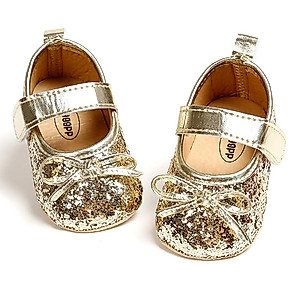 SOFMUO Baby Girls Mary Jane Flats Soft Sole Infant Moccasins Floral Sparkly Toddler Princess Wedding Party Holiday Dress Shoes (Gold,12-18 Months)