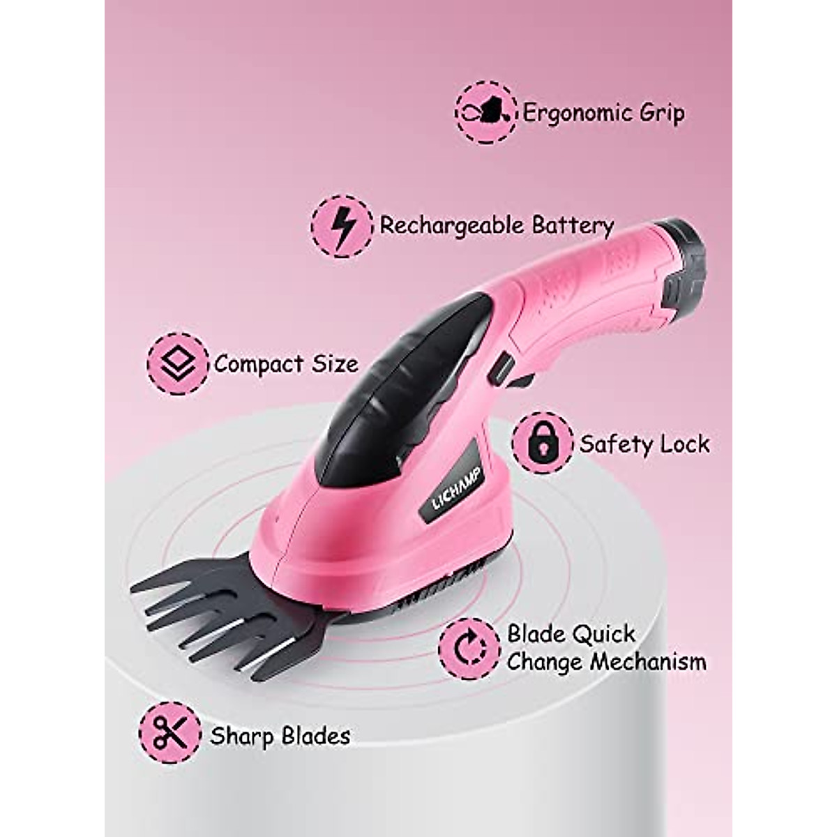 Lichamp 2-in-1 Electric Hand Held Grass Shear Pink Hedge Trimmer Shrubbery Clipper Cordless Battery Powered Rechargeable for Garden and Lawn, CGS3601PK Pink