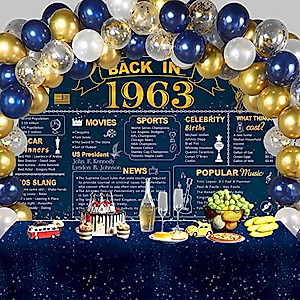 DARUNAXY Blue 60th Birthday Party Decorations, Blue Gold Back in 1963 Banner, 60PCS Confetti Balloons, 2PCS Tablecloths for 60 Years Old Party Vintage 1963 Party Poster Supplies for Men and Women