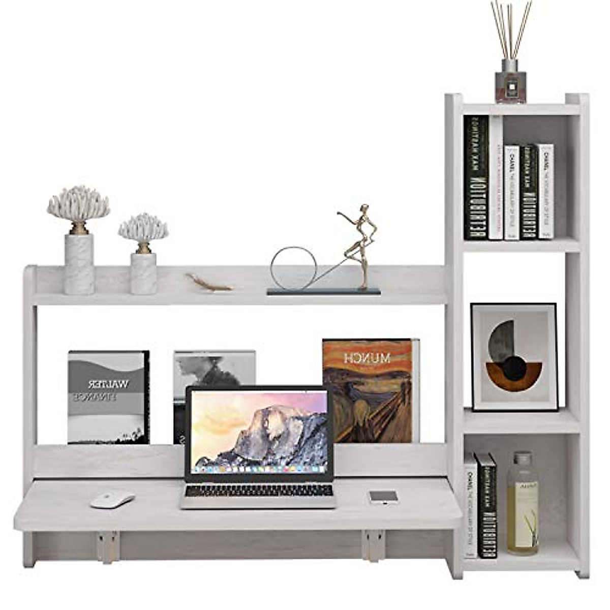 Pmnianhua Floating Desk,Wall Mounted Fold Down Wooden Laptop Computer Desk with Storage Shelves Folding Table Desk Workstation for Wall Bedroom Small Space (Gray-White (Right))