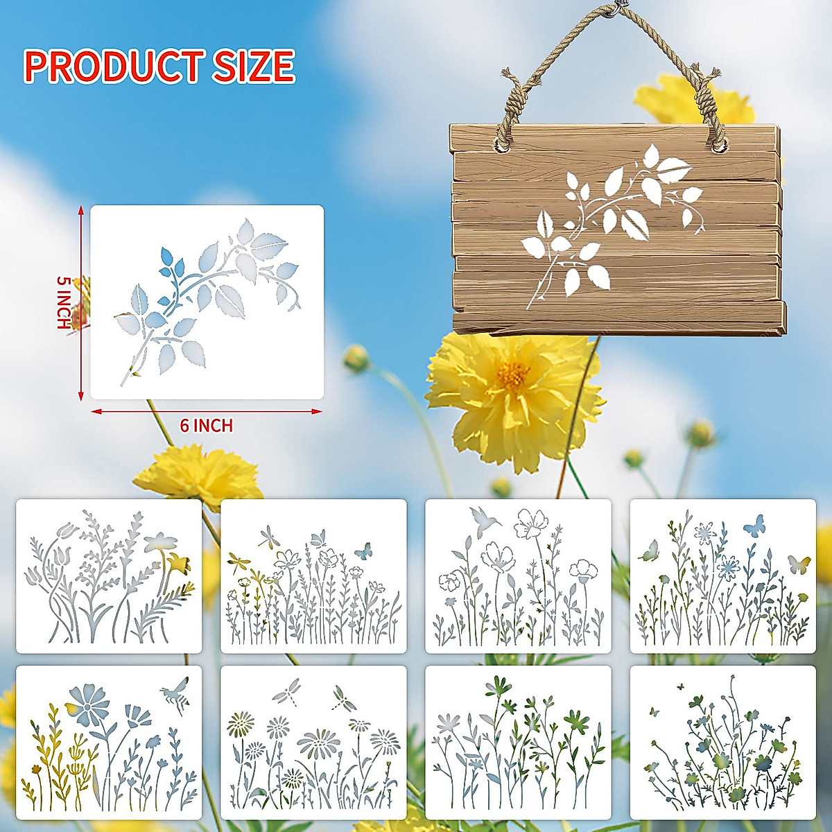 16 Pieces Wildflower Stencils for Painting, Reusable Small Spring Wild Flower Stencils Wall Stencils, DIY Small Drawing Template Stencil for Painting on Wood Wall Canvas Home Decor(5x6Inch)