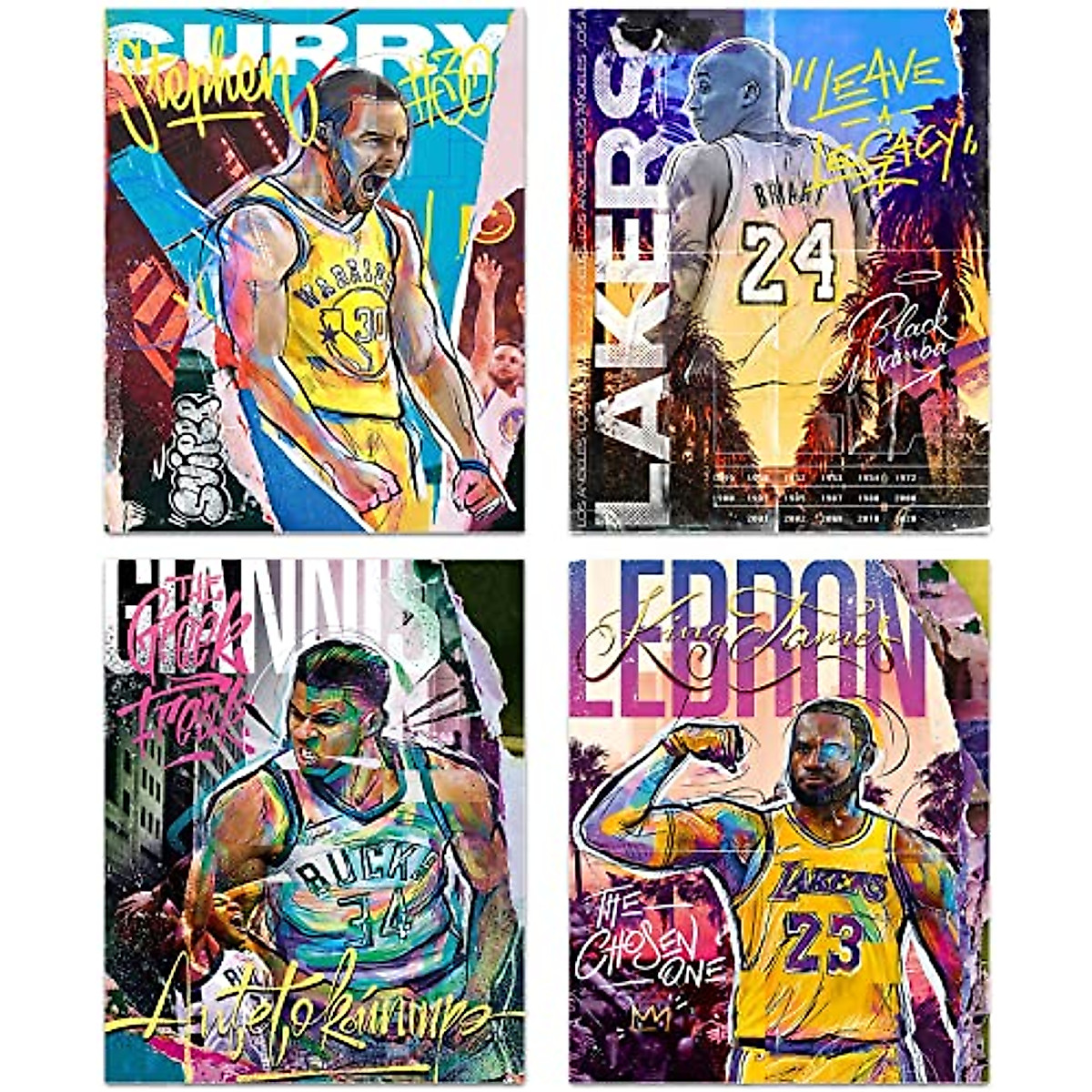 Basketball Stars Wall Art, Graffiti Basketball Art Prints, Stephen Curry Lebron James Giannis Antetokounmpo Canvas Motivational Posters for Boy's Room Man Cave Home Decor, 4-Set (8"x10" Unframed)