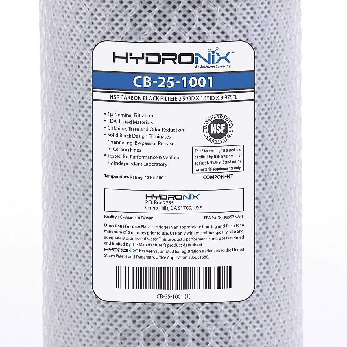 Hydronix CB-25-1001 Universal Reverse Osmosis & Drinking Systems Coconut Carbon Block Water Filter, 2.5 x 10-1 Micron