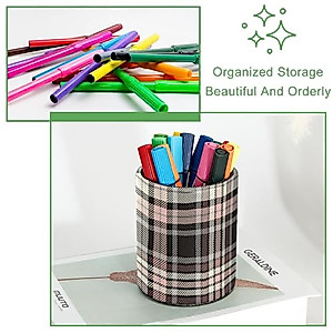 VIOQXI Pencil Pen Cup Pot for Classroom, Women's Makeup Brush Holder, Classic Plaid Check Pattern Black Gray Round Pencil Caddy Desk Organizer, Stationery Supplies
