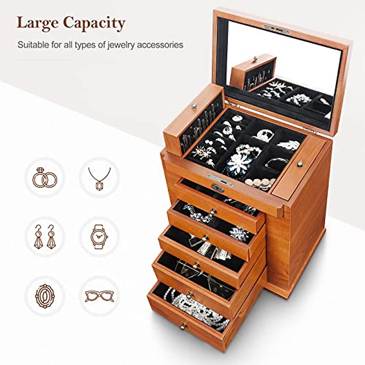 Homde Large Wooden Jewelry Box/Cabinet/Armoire with Lock for Women Girls Ring Necklace (Large)