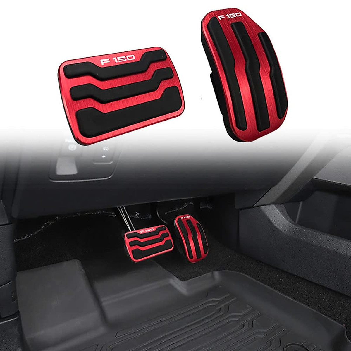 BOYOUS 2pcs No Drill Aluminum Pedal Covers Anti-Slip Brake and Gas Accelerator Pedal Pads for Ford F-150 2015 2016 2017 2018 2019 2020,Not Fit 2009-2014,2021 F150(Red)