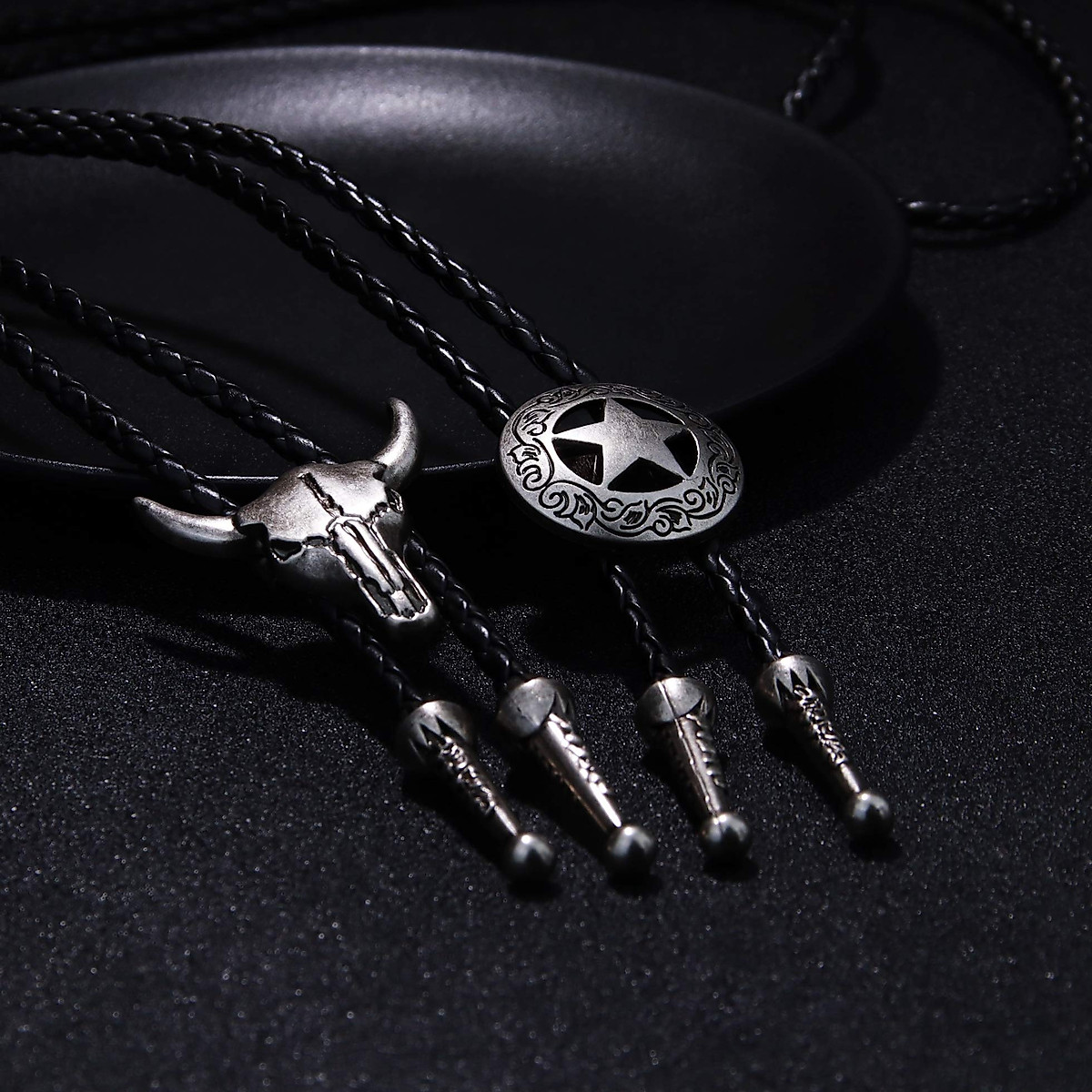 YADOCA 4Pcs Bolo Tie for Men Western Cowboy Leather Necktie Handmade Round Shape Bolo Tie Natural Star Halloween Costume Accessories for Men Women