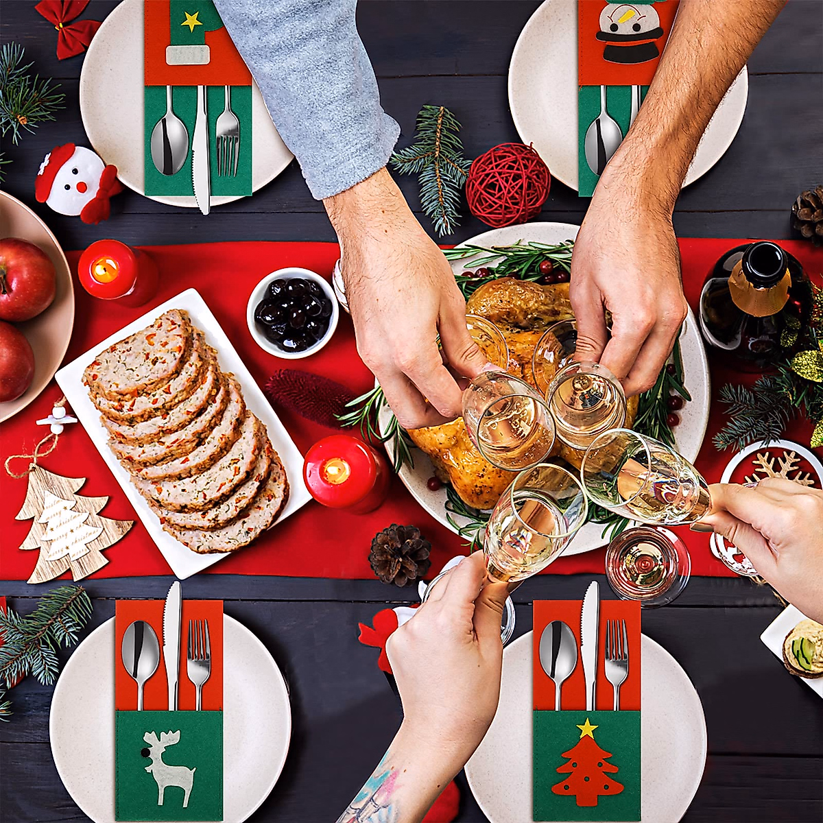 10 Pieces Christmas Silverware Holder Pocket Tableware Cutlery Organizers Felt Xmas Tree Snowman Reindeer Snowflake Stocking Knife Fork Flatware Bags Christmas Party Dinner Table Supplies