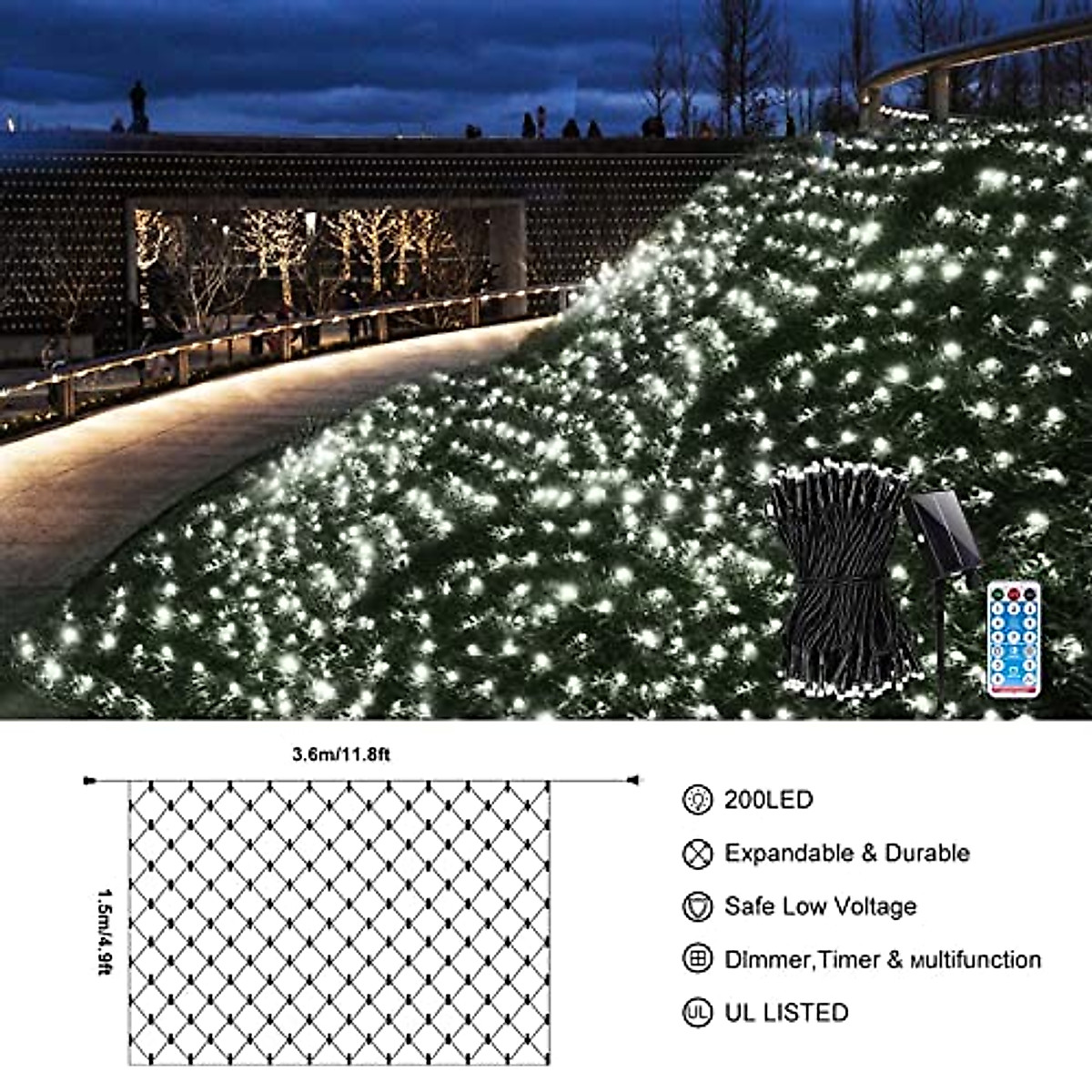 IKNHYEG Outdoor Net Lights Solar Powered Mesh Lights 11.8 x 4.9FT Garden Tree Lights Solar Outside Bushes Lights Waterproof with 8 Modes Timer for Curtain,Balcony,Gazebo(White)