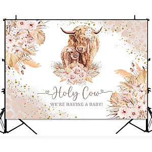 Ayayiya Boho Holy Cow Baby Shower Backdrop Highland Cow We are Having A Baby Bohemian Pink Floral Pampa Grass Photography Background Farm Animal Baby Shower Party Decorations Banner Supplies 5x3ft