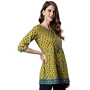 Janasya Indian Women's Green Cotton Tunic(JNE3688-TU-S)