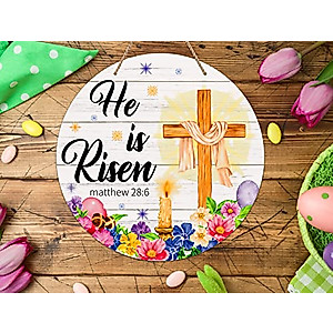 SICOHOME He is Risen Door Sign 11.5" Farmhouse Easter Cross Wreath Sign for Front Door Religious Easter Door Hanger Sign for Home Wall Farmhouse Porch Indoor Outdoor Spring Decor Supplies