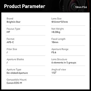 Brightin Star 10mm F5.6 Fisheye Wide Angle APS-C Manual Foucus Mirrorless Camera Lens, Fit for Canon EOS-M Mount M, M2, M3, M5, M6, M10, M100, M50, M200 (Silver)