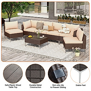 HOMREST Outdoor Patio Furniture Set,7 Pieces Outdoor Sectional Sofa PE Rattan Wicker Patio Conversation Set, w/Wood Plastic Composites Table for Garden, Lawn and Pool (Red)