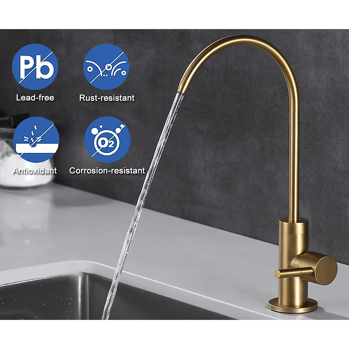 ESOW Kitchen Water Filter Faucet, 100% Lead-Free Drinking Water Faucet Fits Most Reverse Osmosis Units or Water Filtration System in Non-Air Gap, Stainless Steel 304 Body Brushed Gold Finish