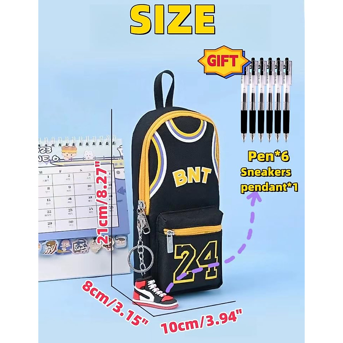 UIVXXUD Basketball Jersey-style Large Opening Large Capacity Simple Vertical Canvas Pencil Bag Pencil Case Pencil Holder - Include Sneakers Pendant and Pen (Black)