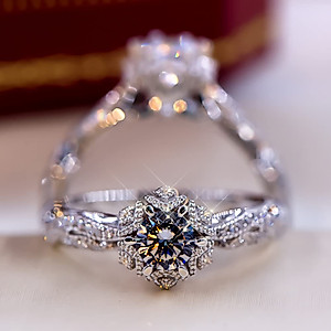 JESMING 925 Sterling Silver Plated Diamond Ring Hollow Out Flower Ring Cz Simulated Diamond Star Ring Crystal Rings Delicate Everyday Ring for Women (Silver, 7)