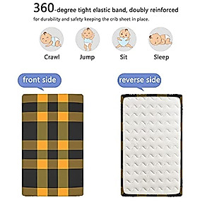 Plaid Themed Fitted Crib Sheet,Standard Crib Mattress Fitted Sheet Soft Toddler Mattress Sheet Fitted-Crib Mattress Sheet or Toddler Bed Sheet,28“ x52“,Black and Orange
