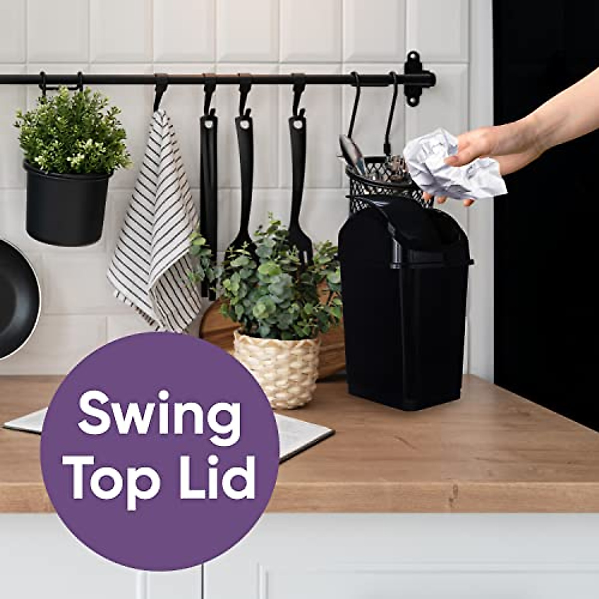 Superio 1.25 Gal Mini Plastic Trash Can with Swing Top Lid Small Waste Bin for Countertop, Desk, Vanity, Bathroom 5 Quart (Black-1 Pack)