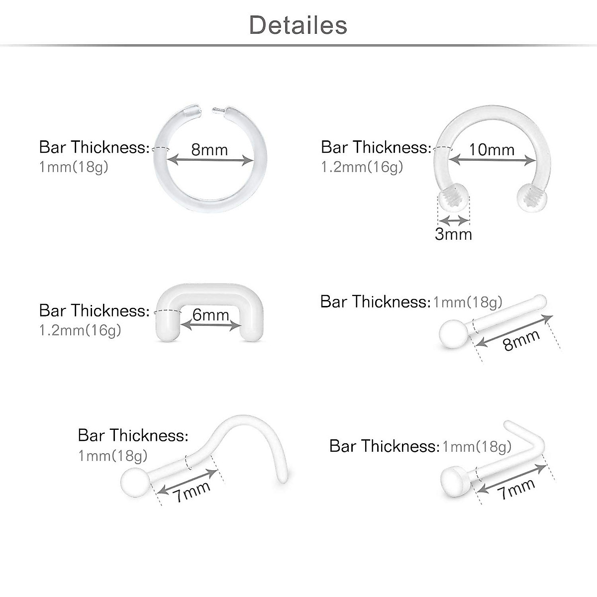 MODRSA Mix Set Clear Piercing Retainers Flexible Lip Ear Nose Studs Septum Eyebrow Tongue Rings Cartilage Tragus Earrings Retainer Bioflex Horseshoe Industrial Barbell 60pcs