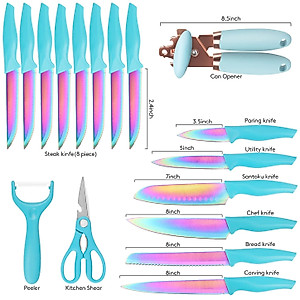 Knife Set, 18-Piece Rainbow Titanium Coating Cutlery Knives Block Set 14pcs Rainbow Titanium Stainless Steel Chef Knives, can opener , Acrylic Block Stand, Sharp Scissors and Peeler (Teal)