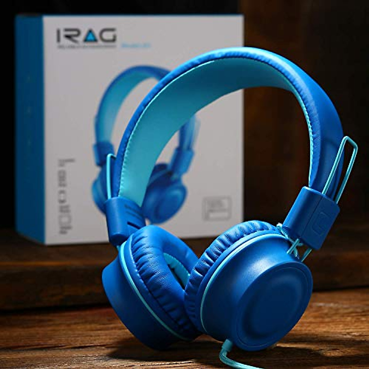iRAG J01 Kids Headphones Foldable Stereo Tangle-Free 5ft Long Cord 3.5mm Jack Plug in Wired On-Ear Headset for iPad/Amazon Kindle,Fire/Toddler/Boys/Girls/School/Laptop/Travel/Plane/Tablet(Ocean Blue)