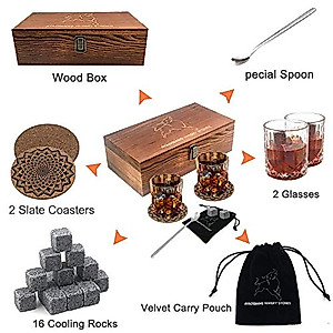 Whiskey Stones Glass Gift Set,16 Granite Whiskey Rocks,2 Crystal Whiskey Glasses & Velvet Bag Granite Chilling Rocks in Premium Wooden Box,Best Drinking Gifts for Men Dad Husband Birthday Party