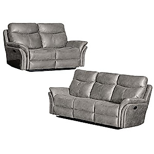 Liveasy Furniture Living Room Furniture, Faux Leather Reclining Loveseat with Nail Trim in Grey (LOVESEAT)