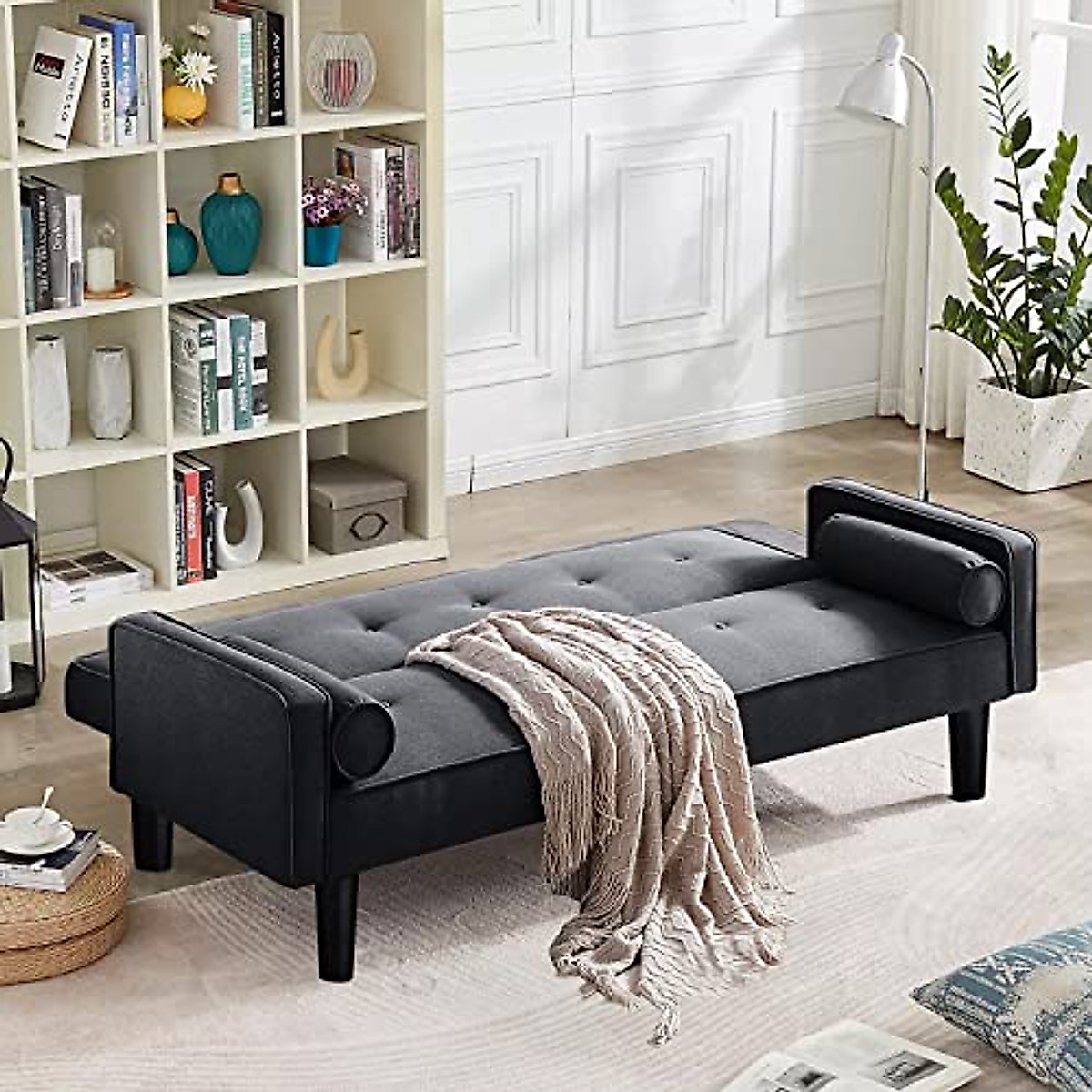 Hooseng Modern Futon Sofa Bed, Upholstered Convertible Folding Sofa Couch with 2 Bolster Pillows, Button Tufted Fabric Couch for Small Spaces, Living Room, Lounge, Apartment, Office, Blue