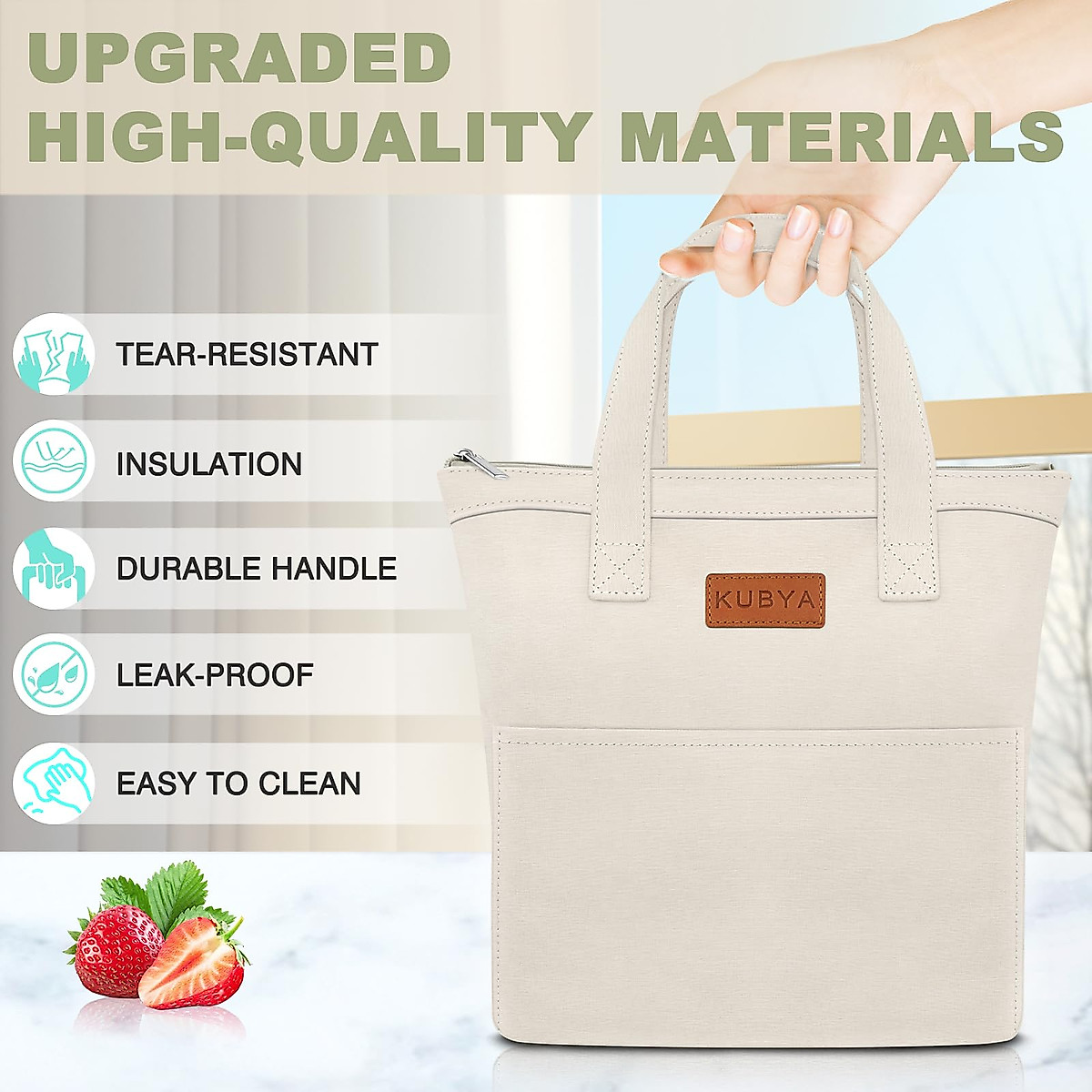 KUBYA Lunch Box for Women, Lunch Bag for Women Men Adult Simple Reusable Lunchbox Insulated Lunchbag Large Capacity Lunch Boxes Cute Cooler, with Food Storage Bags for Work, Office or Picnic (Beige)