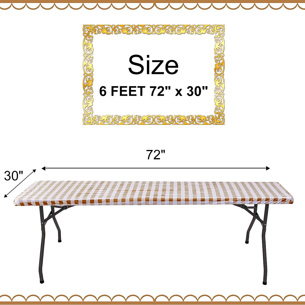 6ft Rectangle Elastic Fitted Tablecloth, Waterproof Spill-Proof Edged Vinyl Table Cover Khaki Checkered Printed with Flannel Baking, Easy to Wipe Off Stains, Great for Picnic Party Outdoor Patio