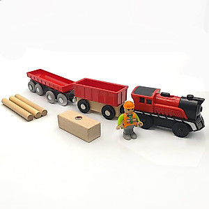 DSHMIXIA Battery Operated Cargo Train for Wooden Train Track Set Toys for Toddlers 3 4 5 Year Old Boys Kids Magnetic Couplings Construction site Fram Harbor Vehicle (Without Battery)