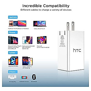 HTC 65w USB C Wall Charger 3 Ports, GaN Fast Charger Block Type C Wall Charger Foldable Plug Travel Adapter for iPad/iPad Mini, MacBook Air/Pro, iPhone 13/13Pro/13 Pro Max/12/11, Pixel, Galaxy, Switch