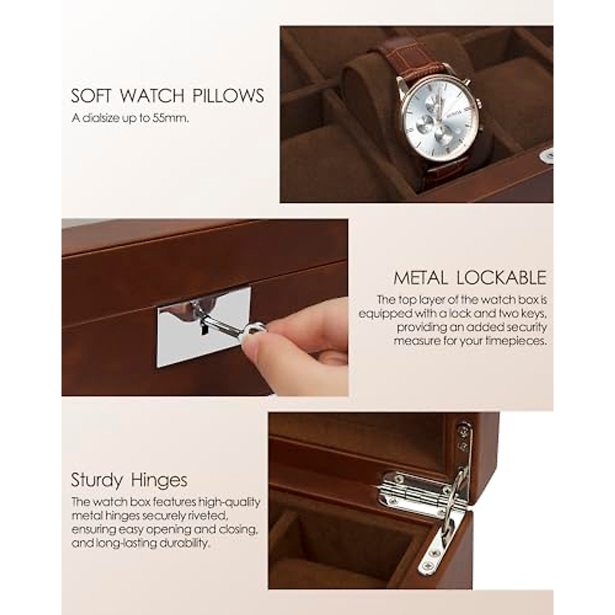 GUKA Watch Box, Luxury 10 Slot Watch Case with 55MM Wide Velvet Pillows, Watch Organizer Storage with Real Glass Lid, Watch Display Case for Men and Women Gift, Brown