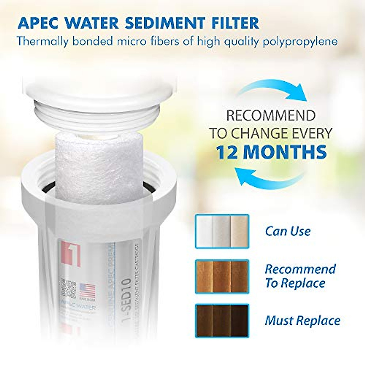 APEC Water Systems 1-SED10 US MADE 5 Micron 10â€ x 2.5â€ Sediment Water Filter for Reverse Osmosis System, White